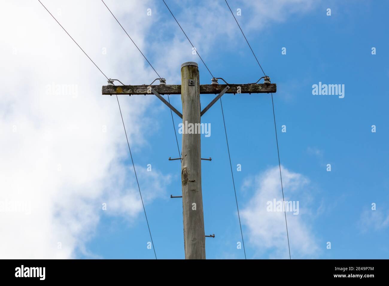 A wooden telephone pole with wires and terminal connectors in front of ...
