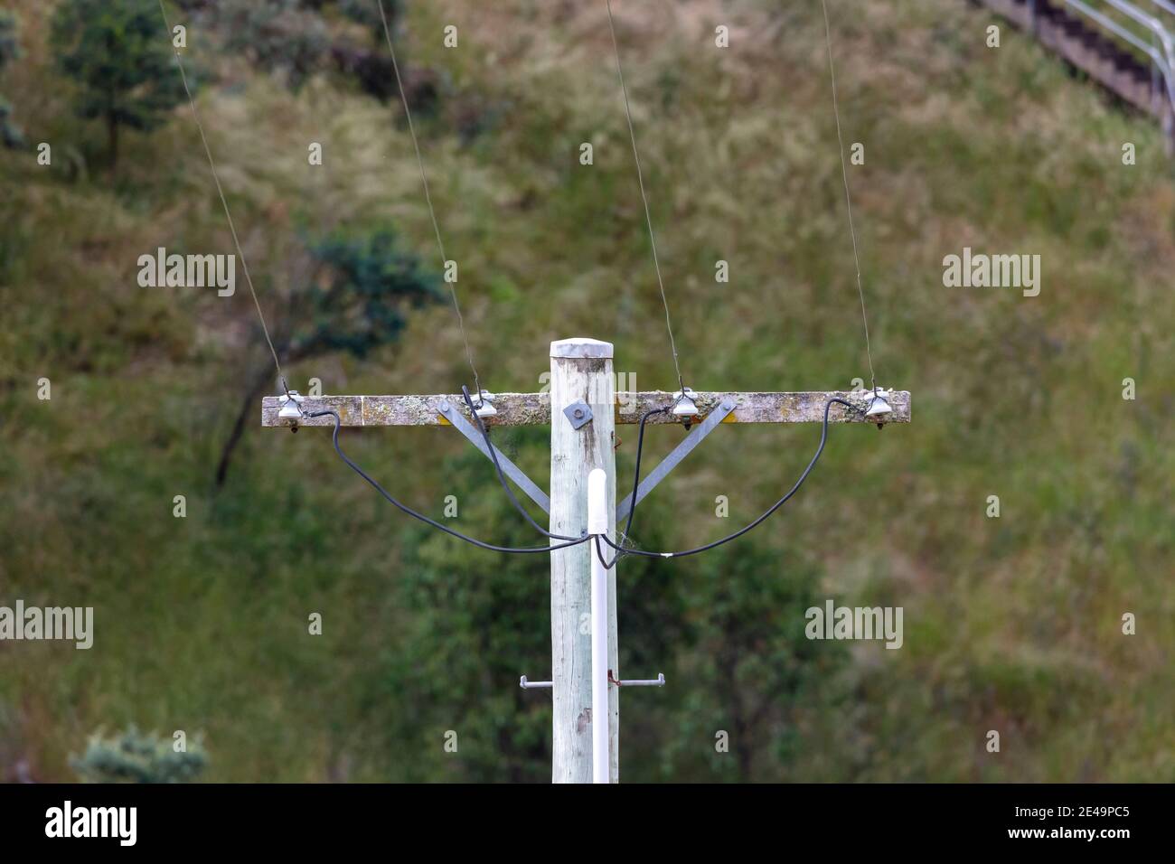 A wooden telephone pole with wires and terminal connectors in front of ...