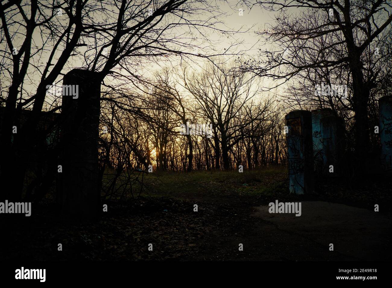 old abandoned cemetery entrance in evening light Stock Photo - Alamy