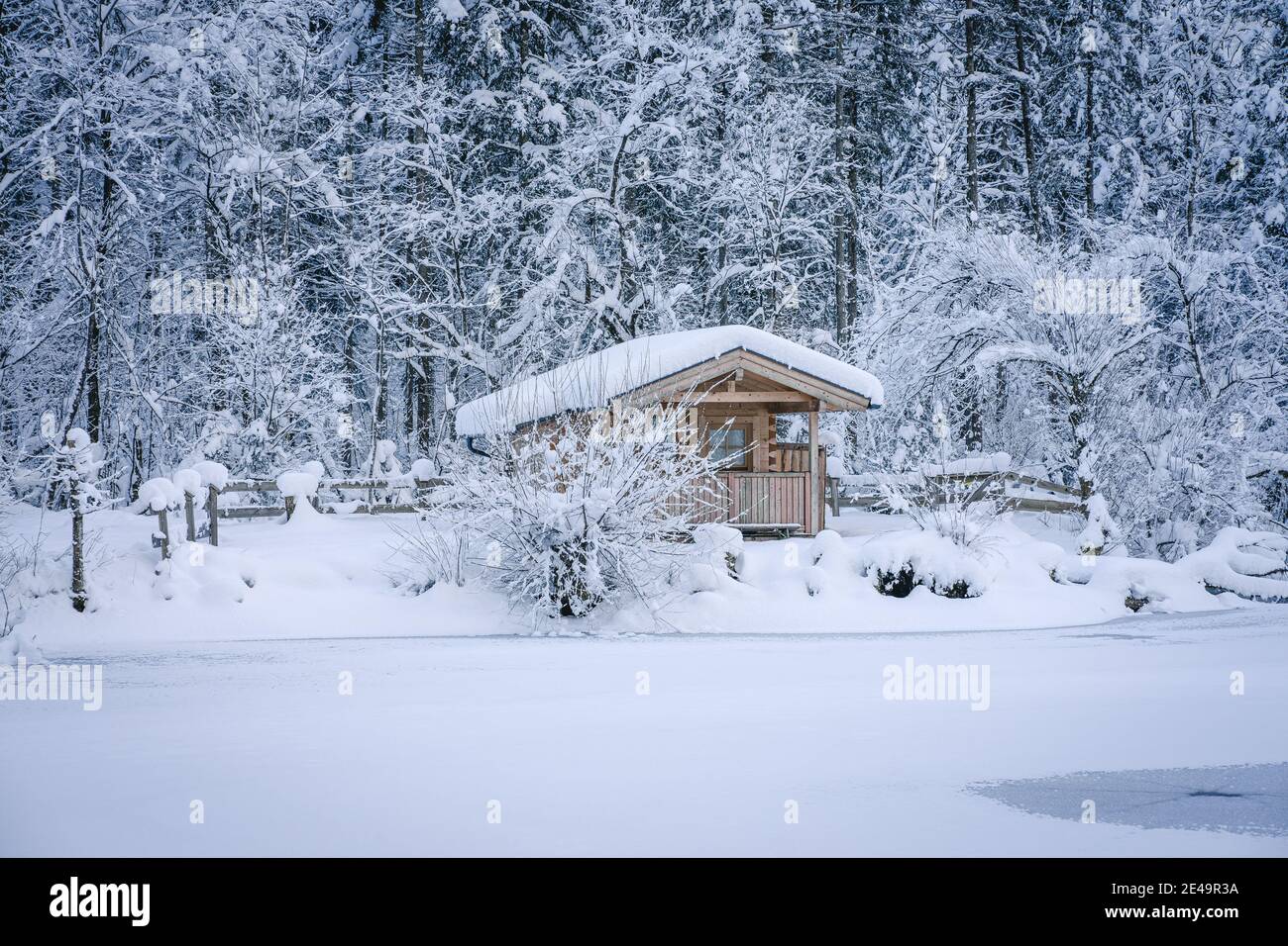 Blended landscape with a river ending in a lake Stock Photo - Alamy