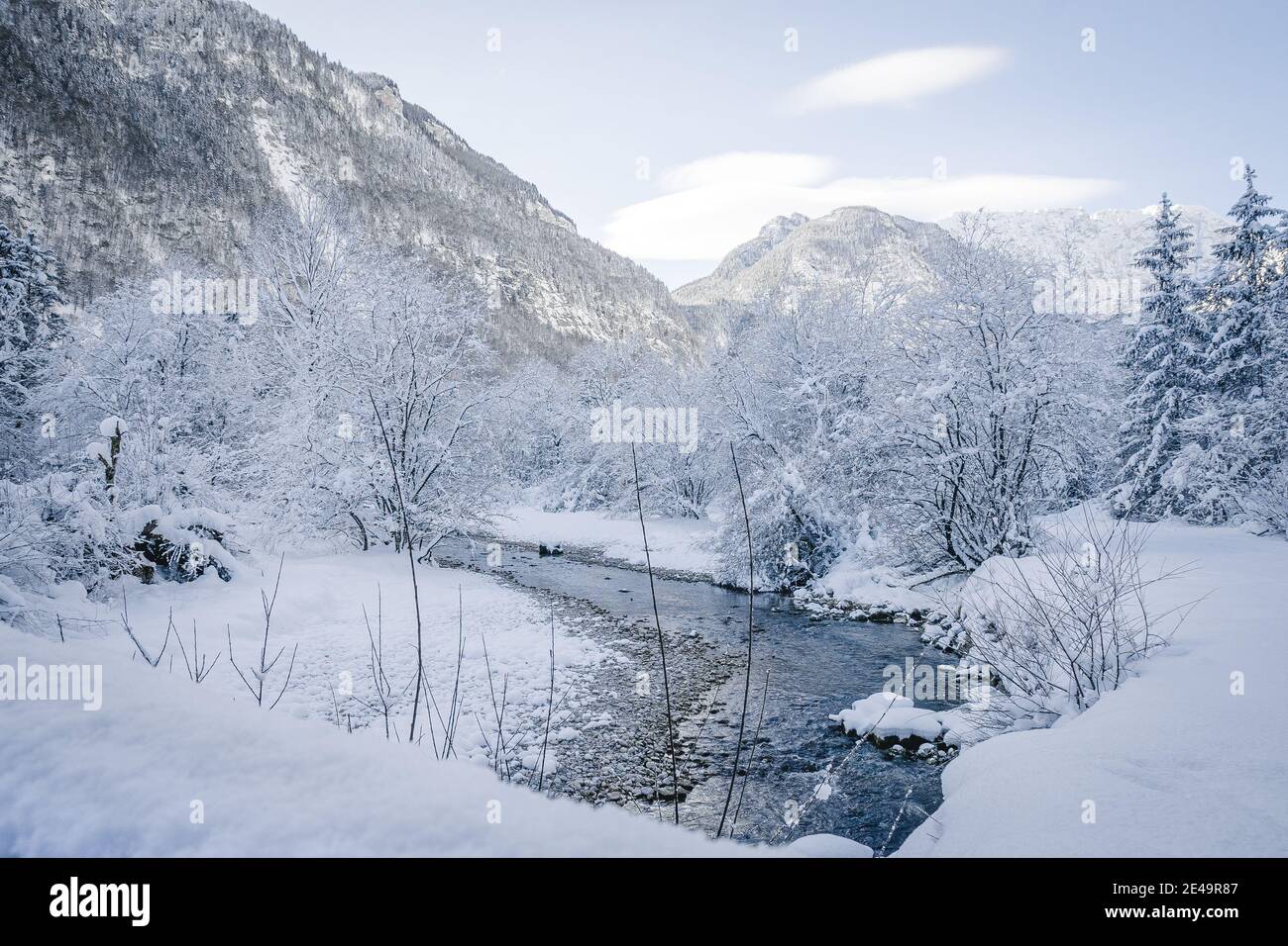 Blended landscape with a river ending in a lake Stock Photo - Alamy