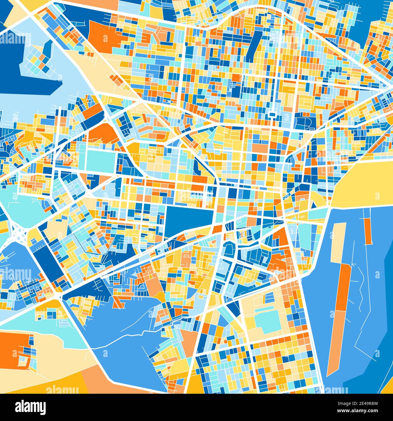 Color art map of Chiclayo, Peru, Peru in blues and oranges. The color ...