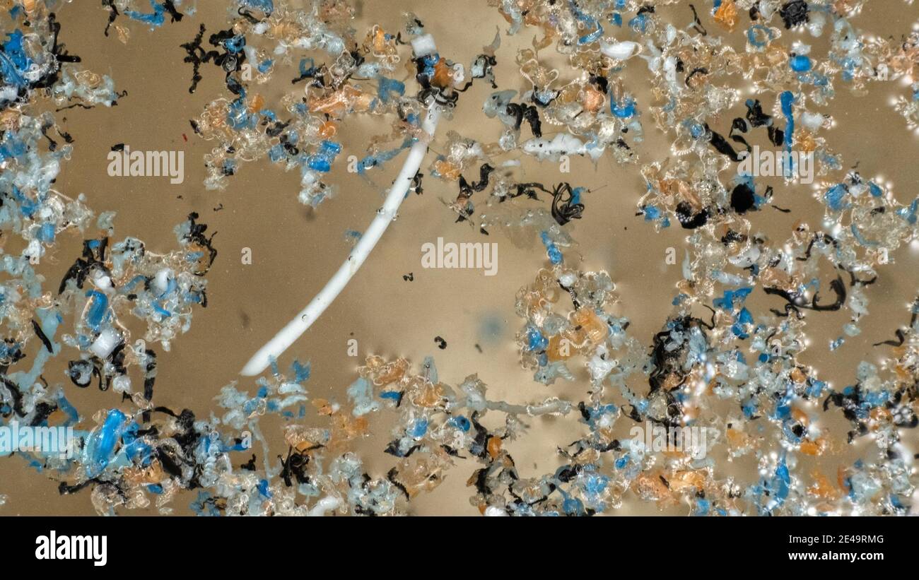 Plastic gets into water basin and gradually destroyed by waves and sun ...