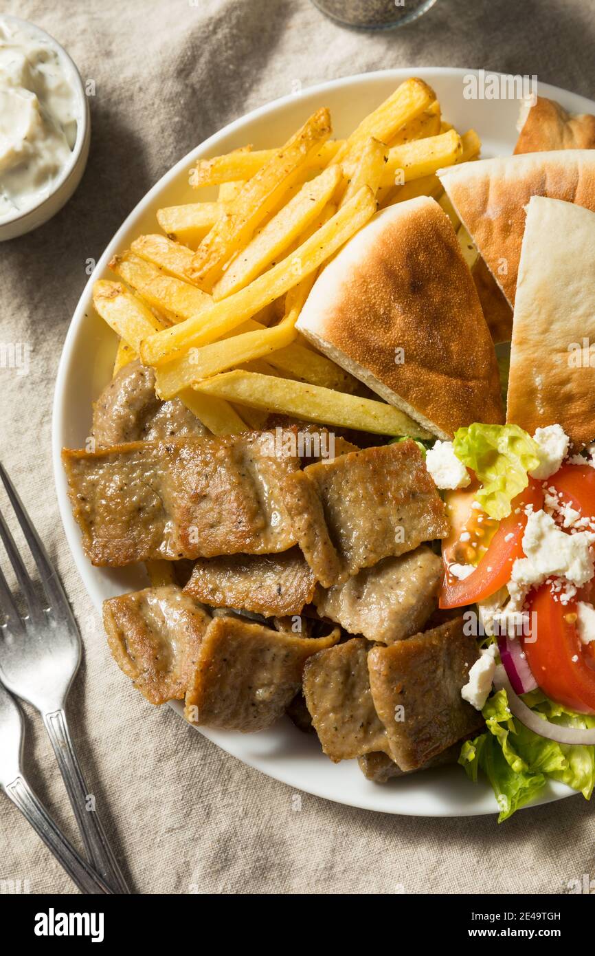 Homemade Greek Gyro Plate with Pita Fries and Tzatziki Sauce Stock ...