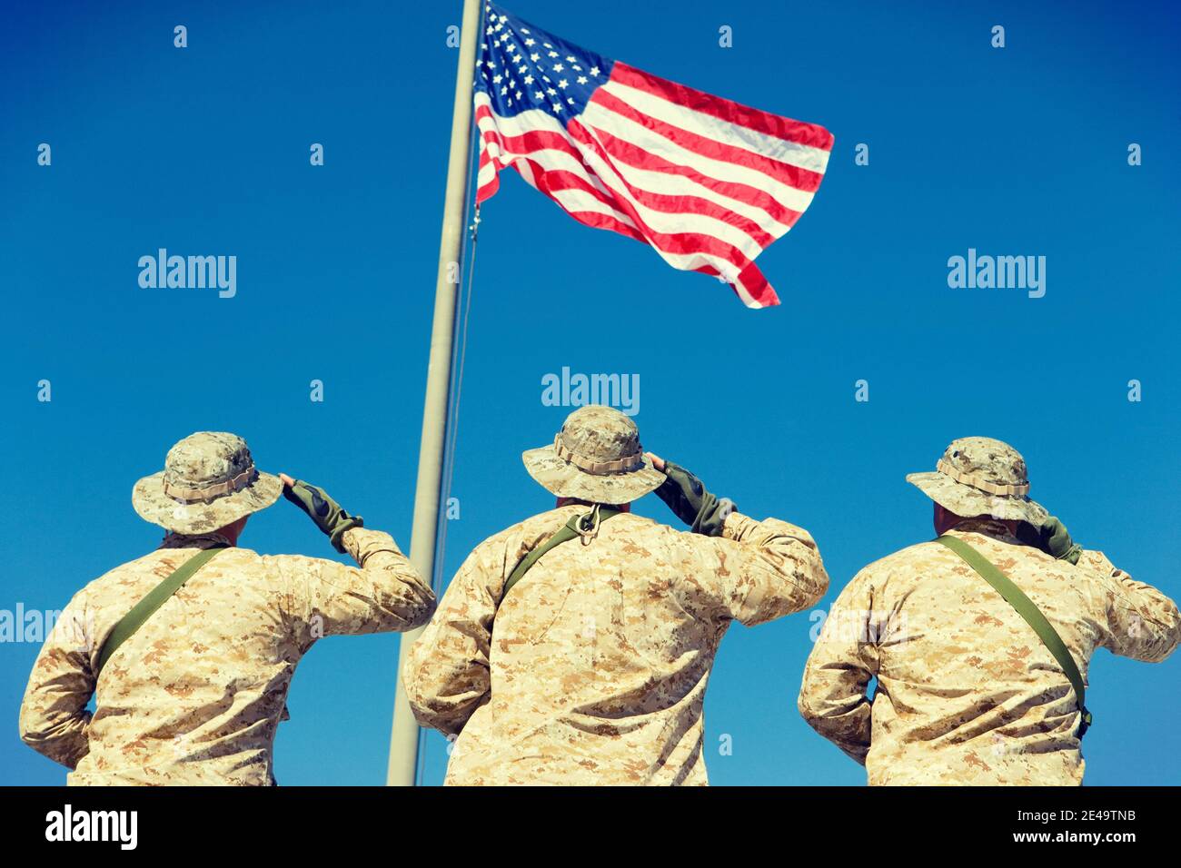 Rear view of Soldiers Saluting American Flag Stock Photo - Alamy