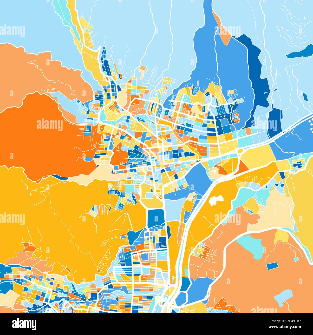 Color art map of Bello, Colombia, Colombia in blues and oranges. The ...