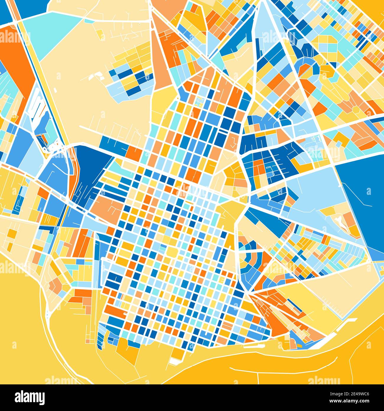 Color art map of Pelotas, Brazil, Brazil in blues and oranges. The ...
