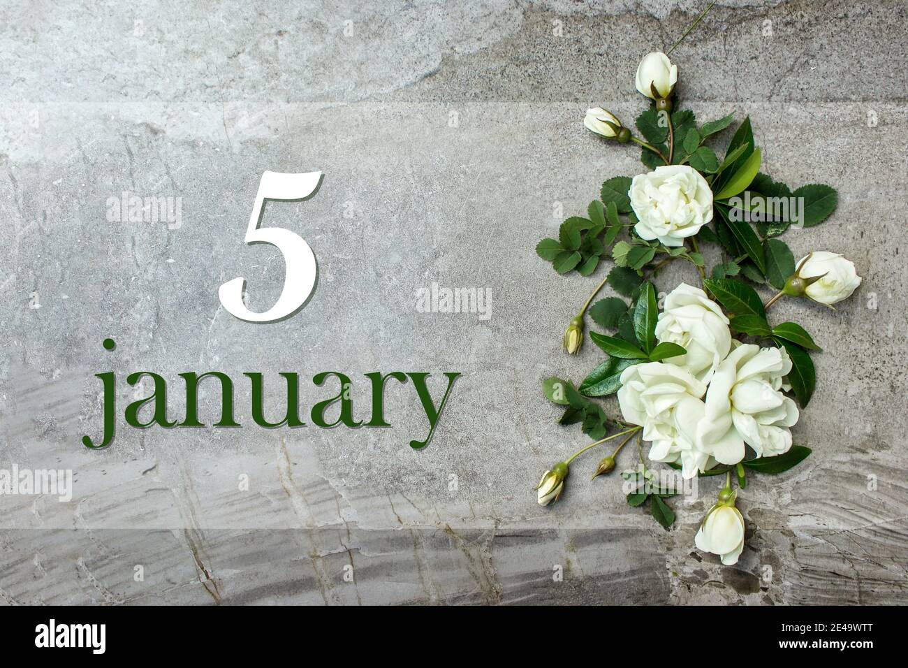 January 5th. Day 5 of month, Calendar date. Stylish roses flat lay ...
