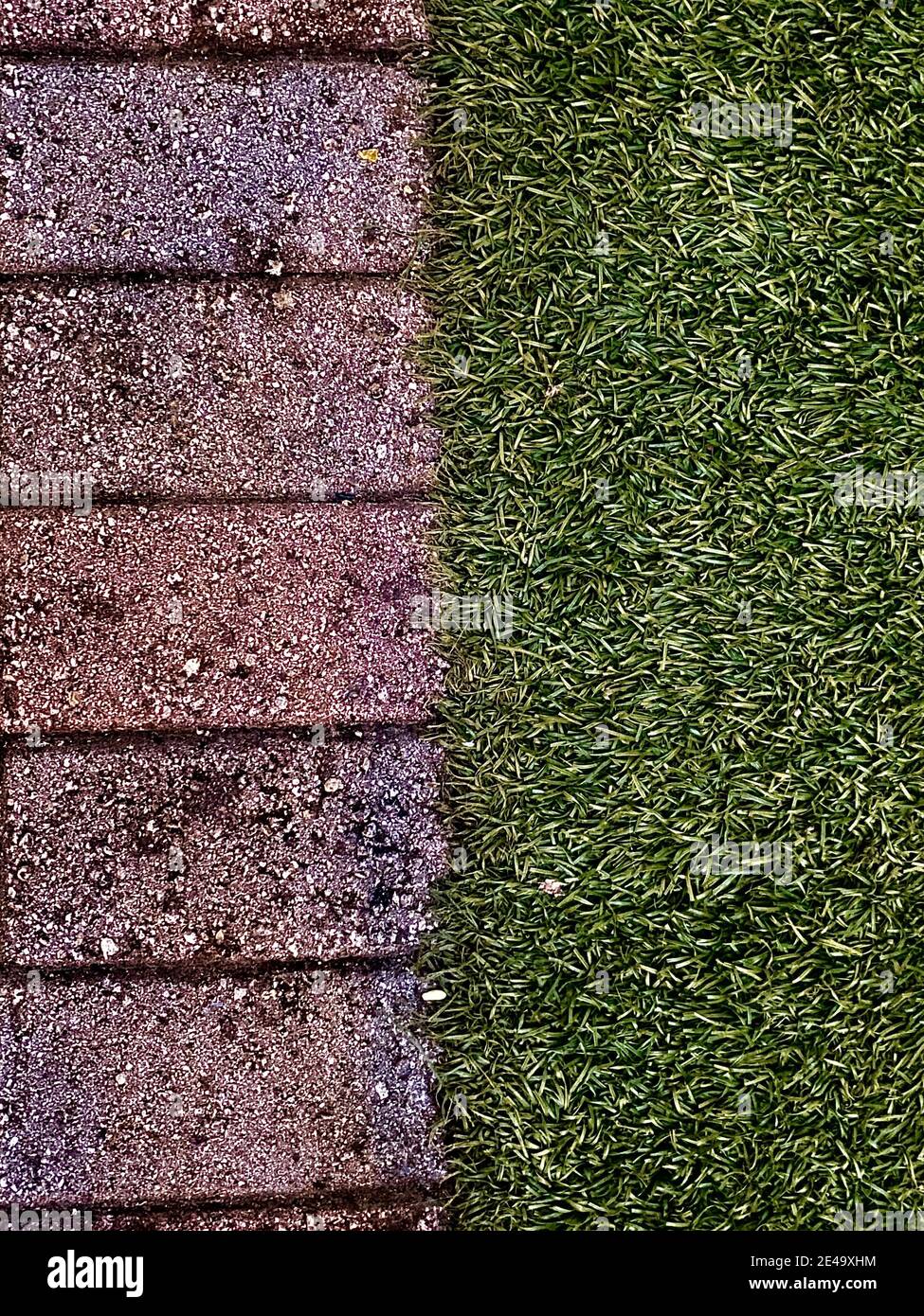 Vertical top view of a grass-covered garden by a walking path Stock ...