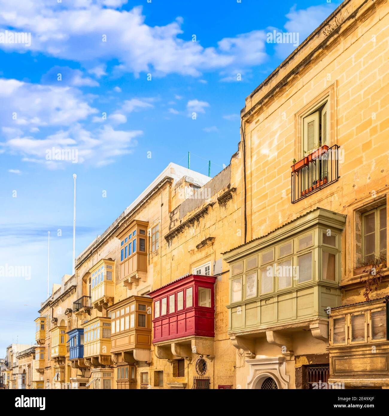 Facade and typical windows of houses, in Valletta on the island of ...