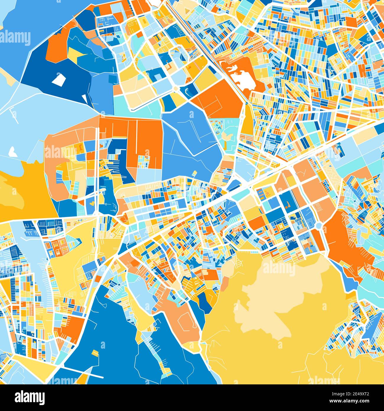 Color art map of Soacha, Colombia, Colombia in blues and oranges. The ...