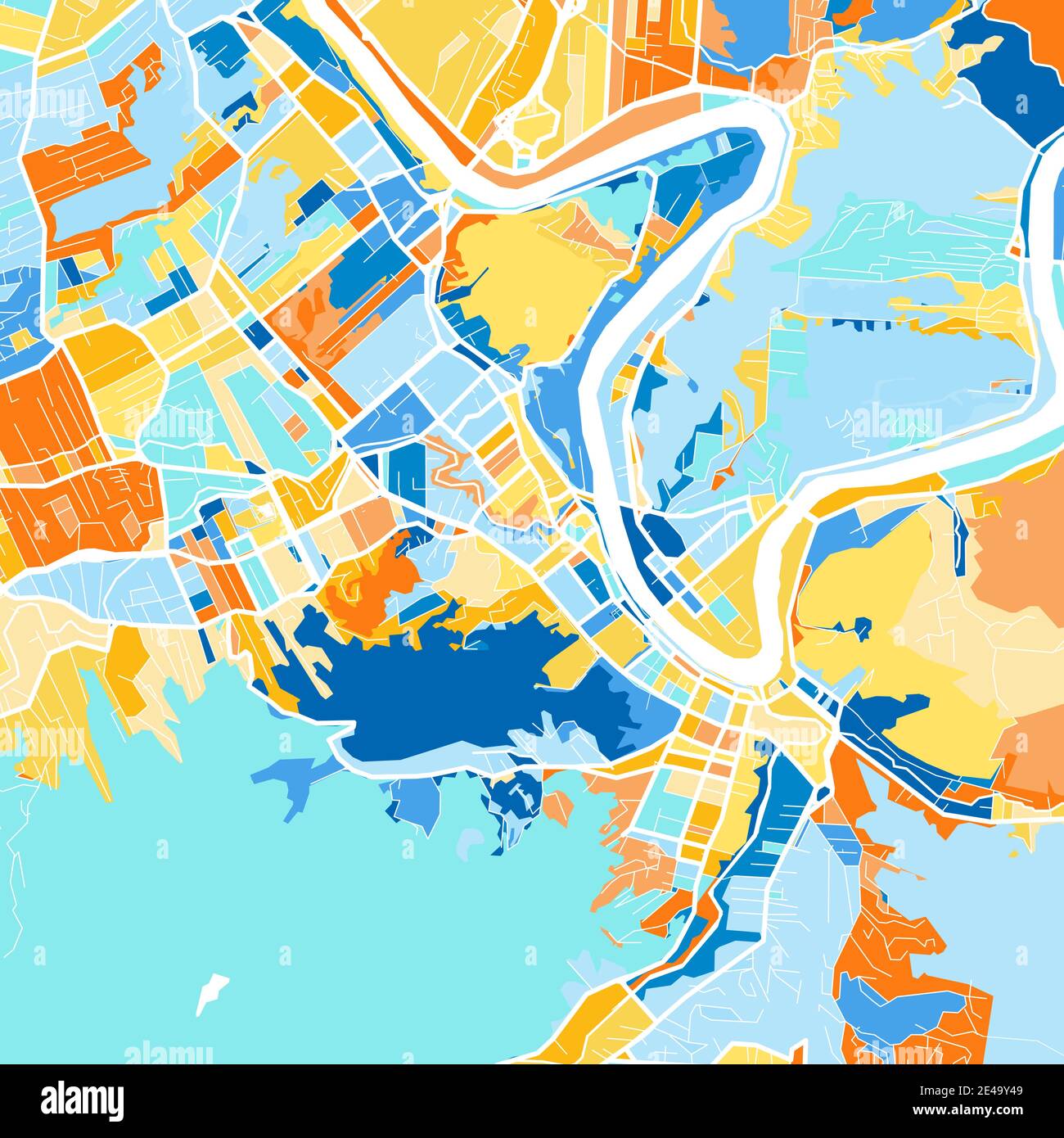 Color art map of Blumenau, Brazil, Brazil in blues and oranges. The ...