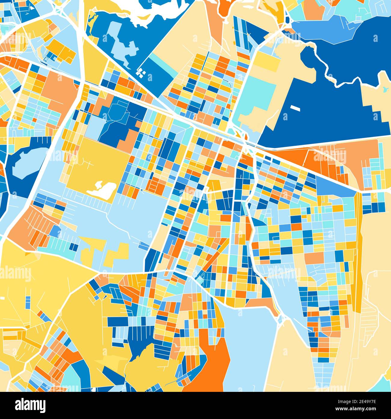 Color art map of Suzano, Brazil, Brazil in blues and oranges. The color ...
