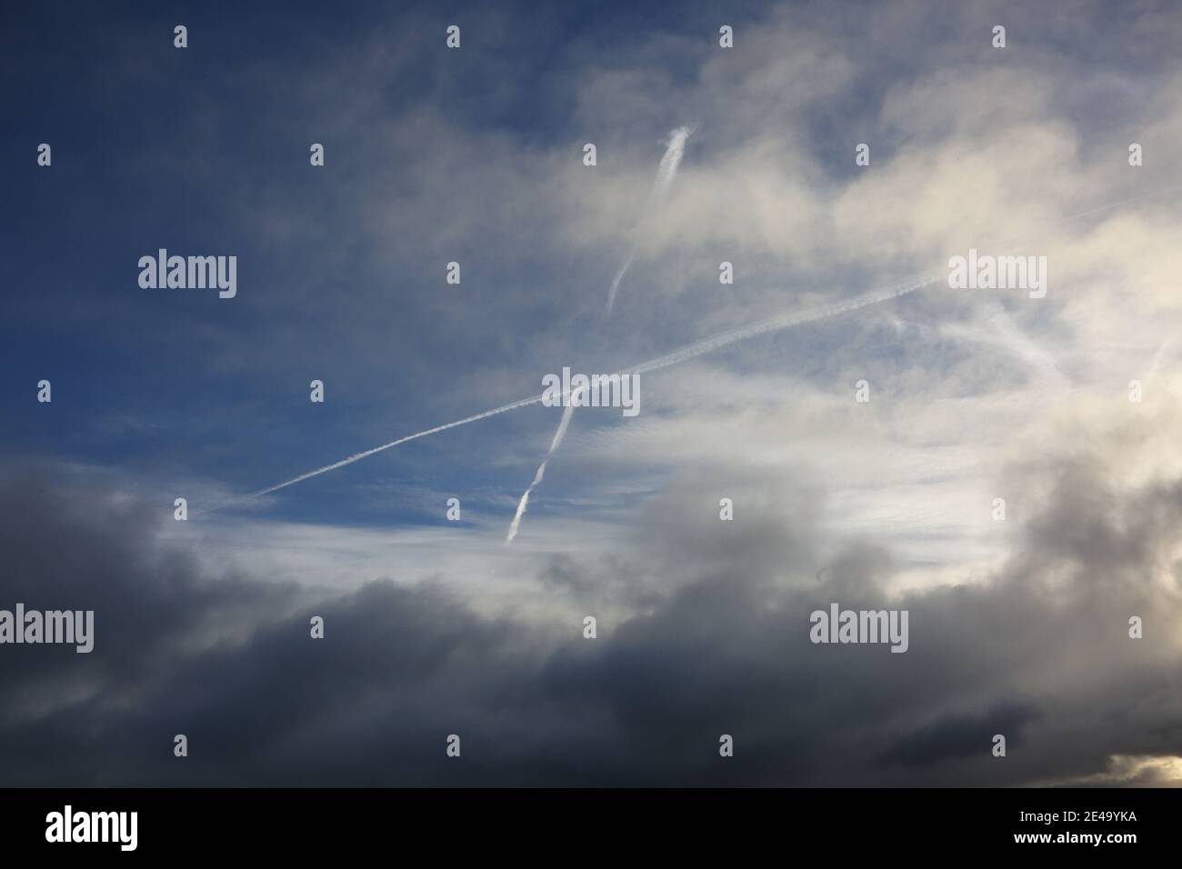 Vapour trails in the sky over Ayrshire cross over making the sky look ...
