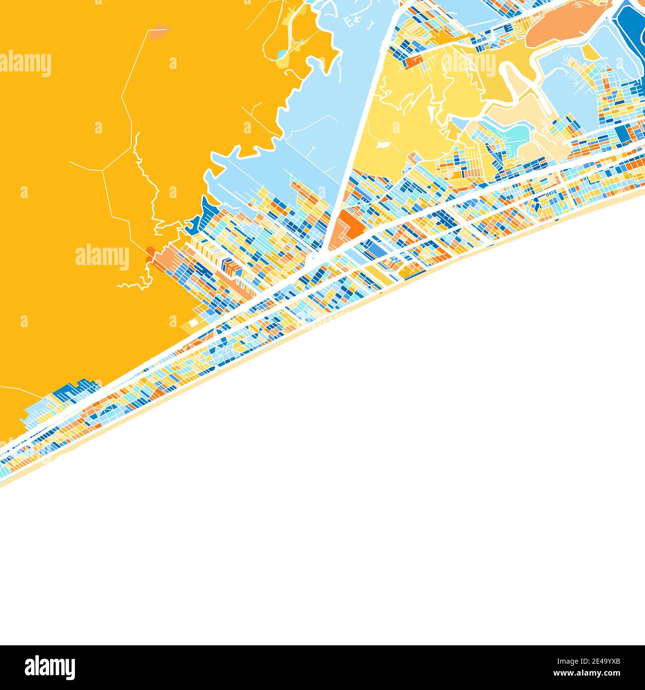 Color art map of PraiaGrande, Brazil, Brazil in blues and oranges. The ...