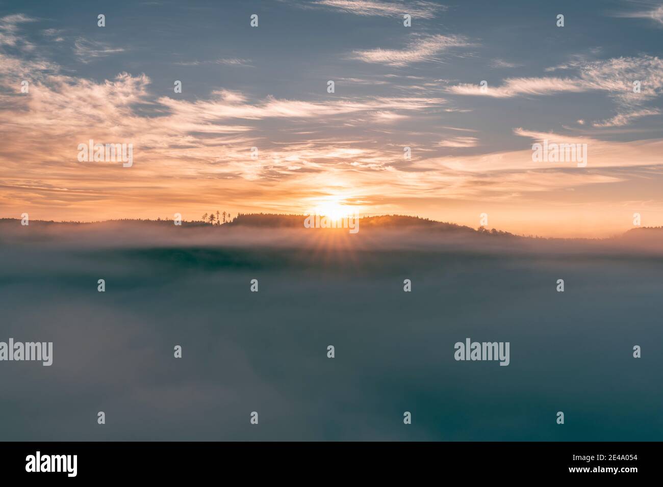 Sunrise, fog, Upper Danube Valley, Swabian Alb, Baden-Wuerttemberg ...