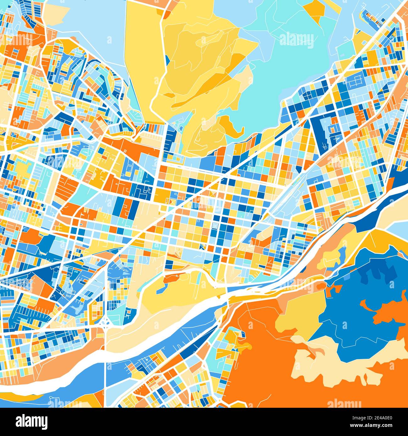 Color art map of Temuco, Chile, Chile in blues and oranges. The color ...