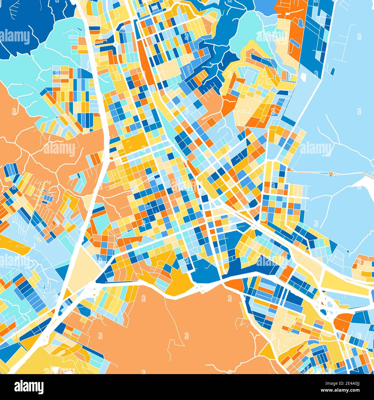 Color art map of Marilia, Brazil, Brazil in blues and oranges. The ...