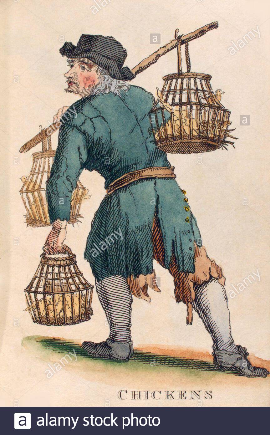 Chicken man selling live chickens, vintage illustration from 1820 Stock ...