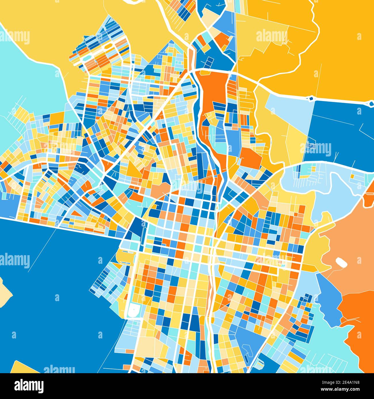 Color art map of Tulua, Colombia, Colombia in blues and oranges. The ...