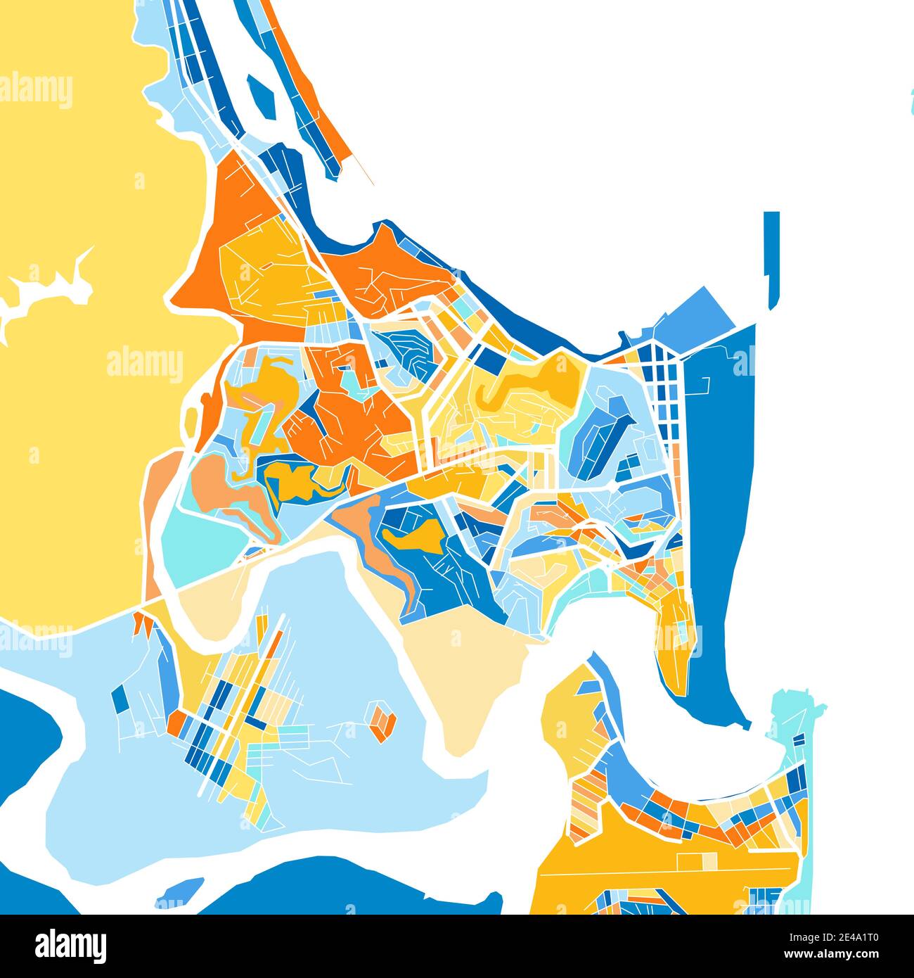 Color art map of Ilheus, Brazil, Brazil in blues and oranges. The color ...