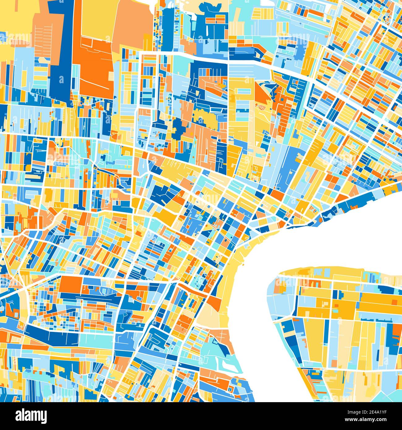 Color art map of Paramaribo, Suriname, Suriname in blues and oranges ...