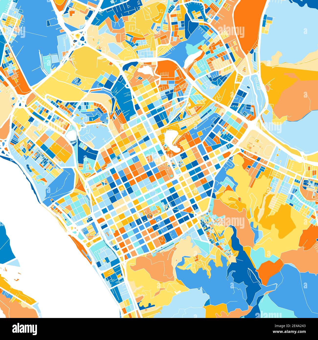 Color art map of Concepcion, Chile, Chile in blues and oranges. The ...