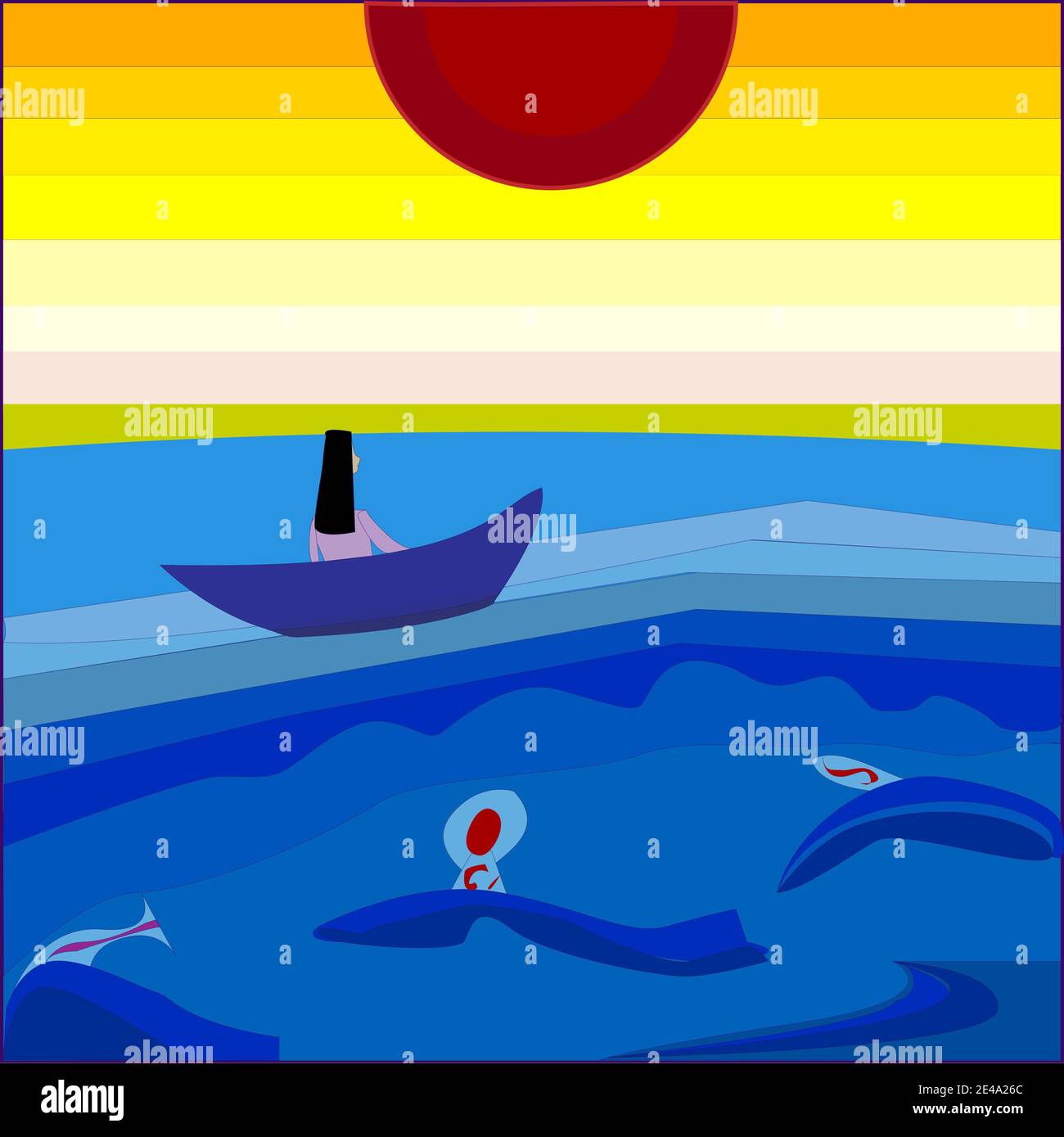 Illustration of a girl sailing on the wavy ocean gleaming under the ...