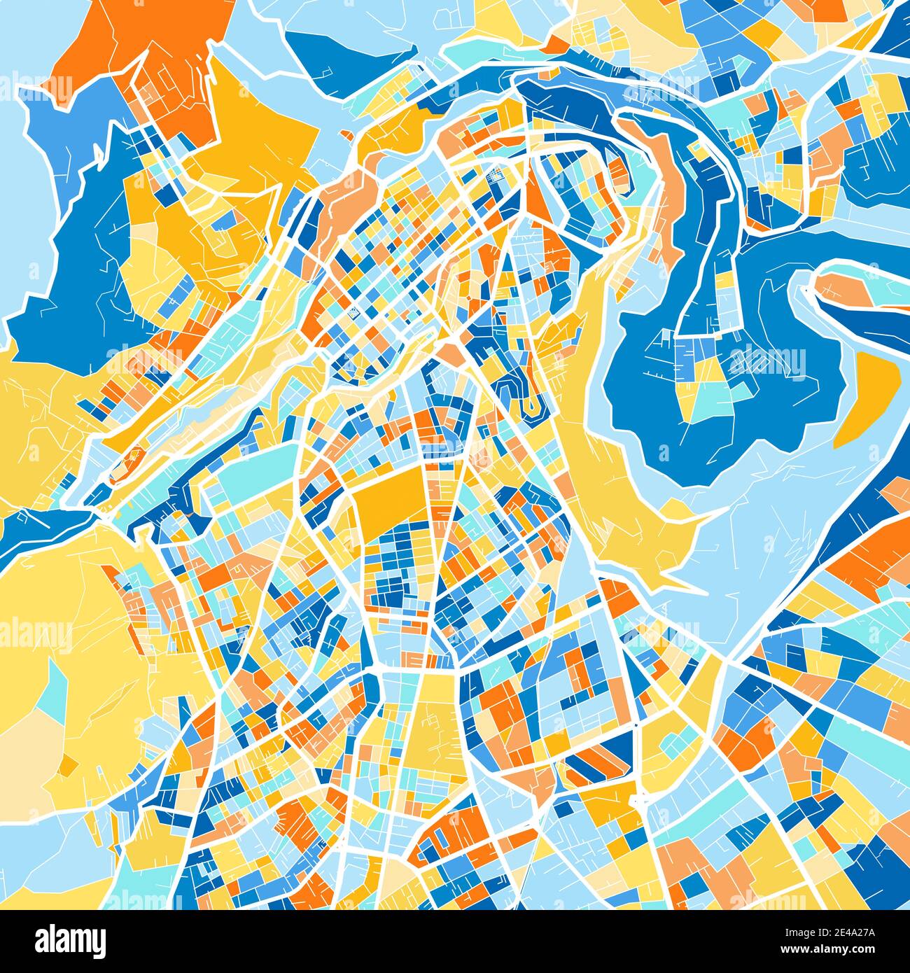 Color art map of Ambato, Ecuador, Ecuador in blues and oranges. The ...