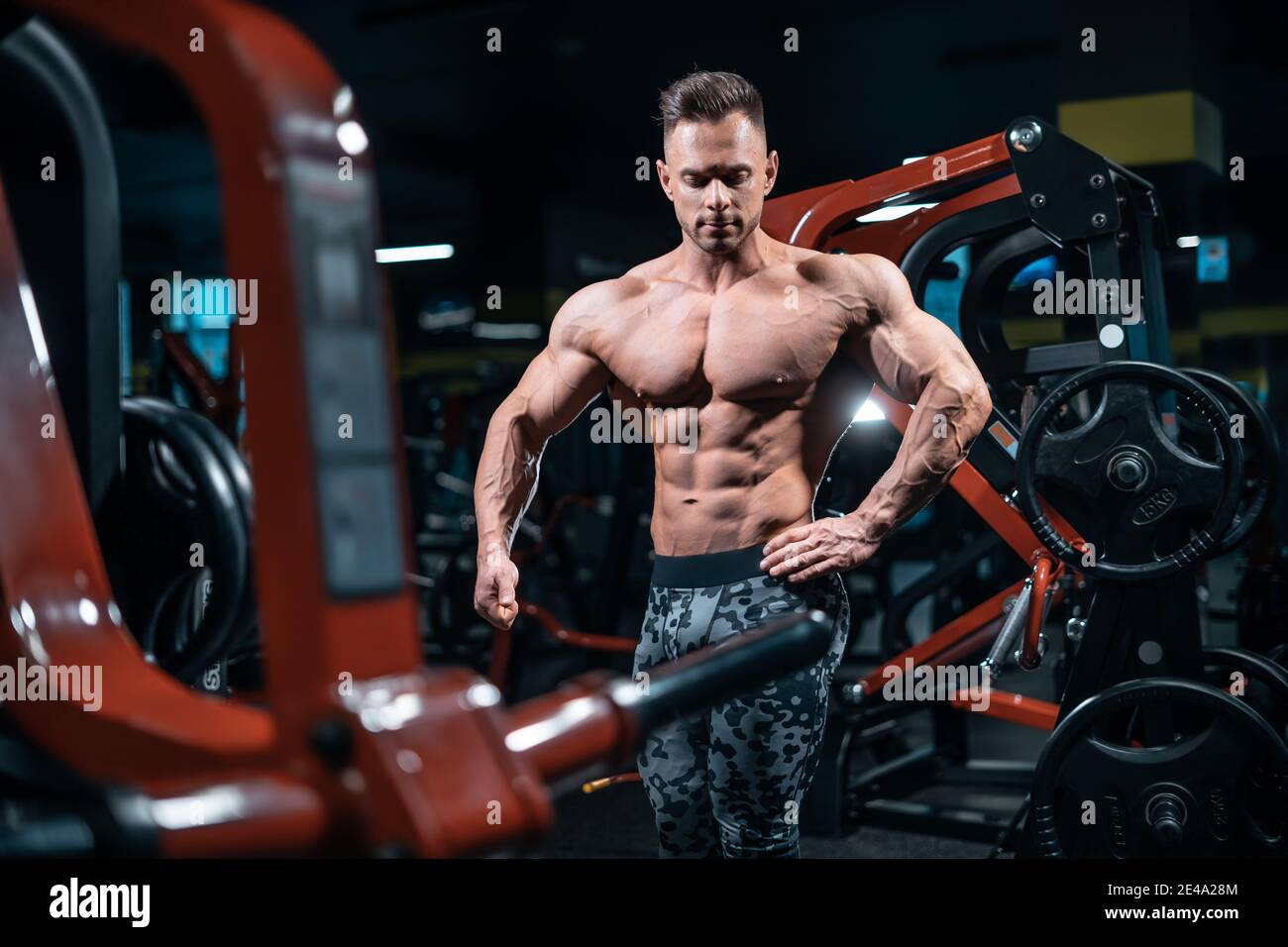 young athletic sportsman bodybuilder with muscle perfect body posing in ...