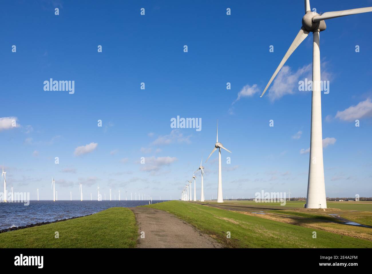 Wind turbines in polder landscape of Dutch Noordoostpolder Stock Photo ...