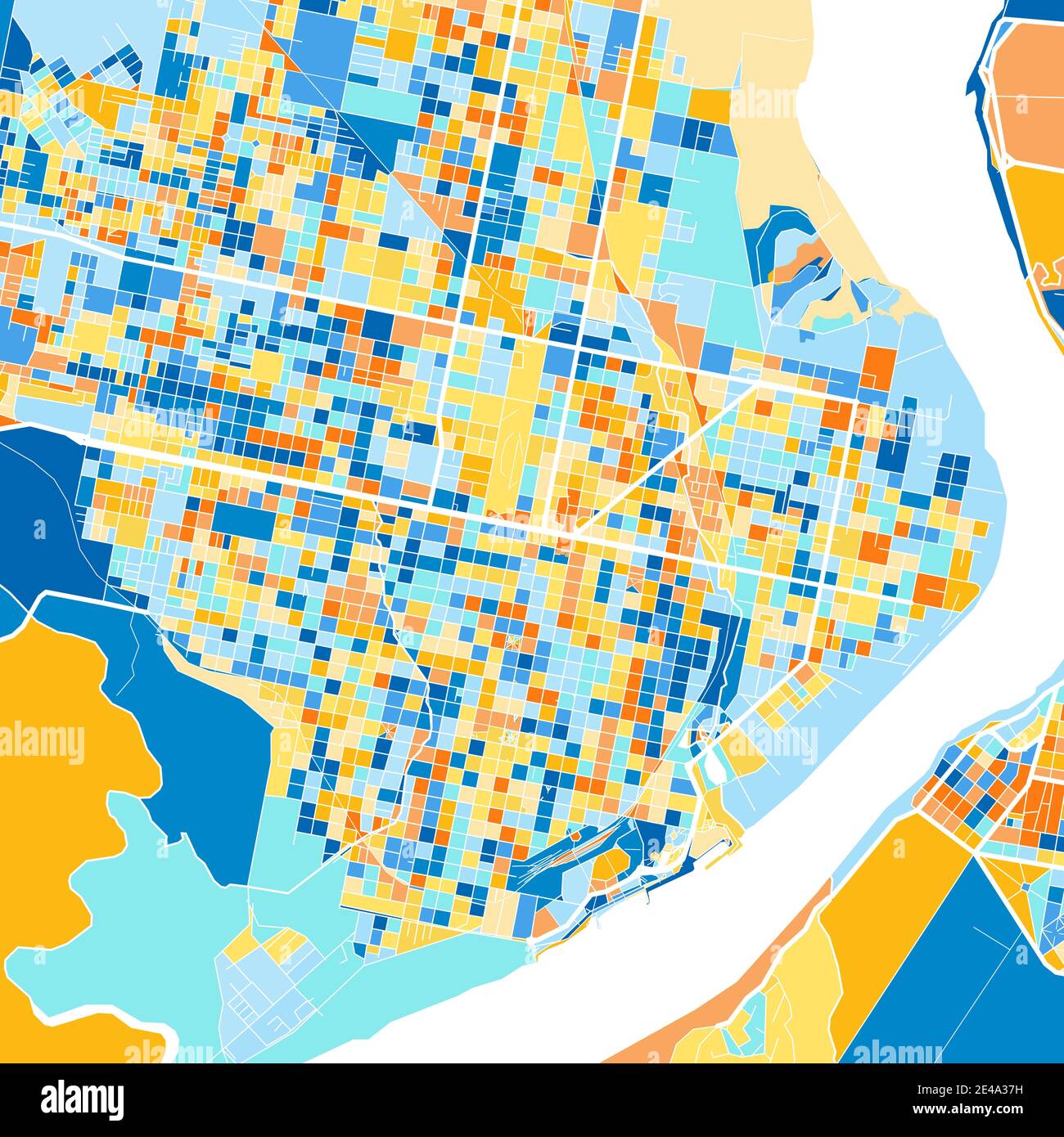Color art map of Concordia, Argentina, Argentina in blues and oranges ...