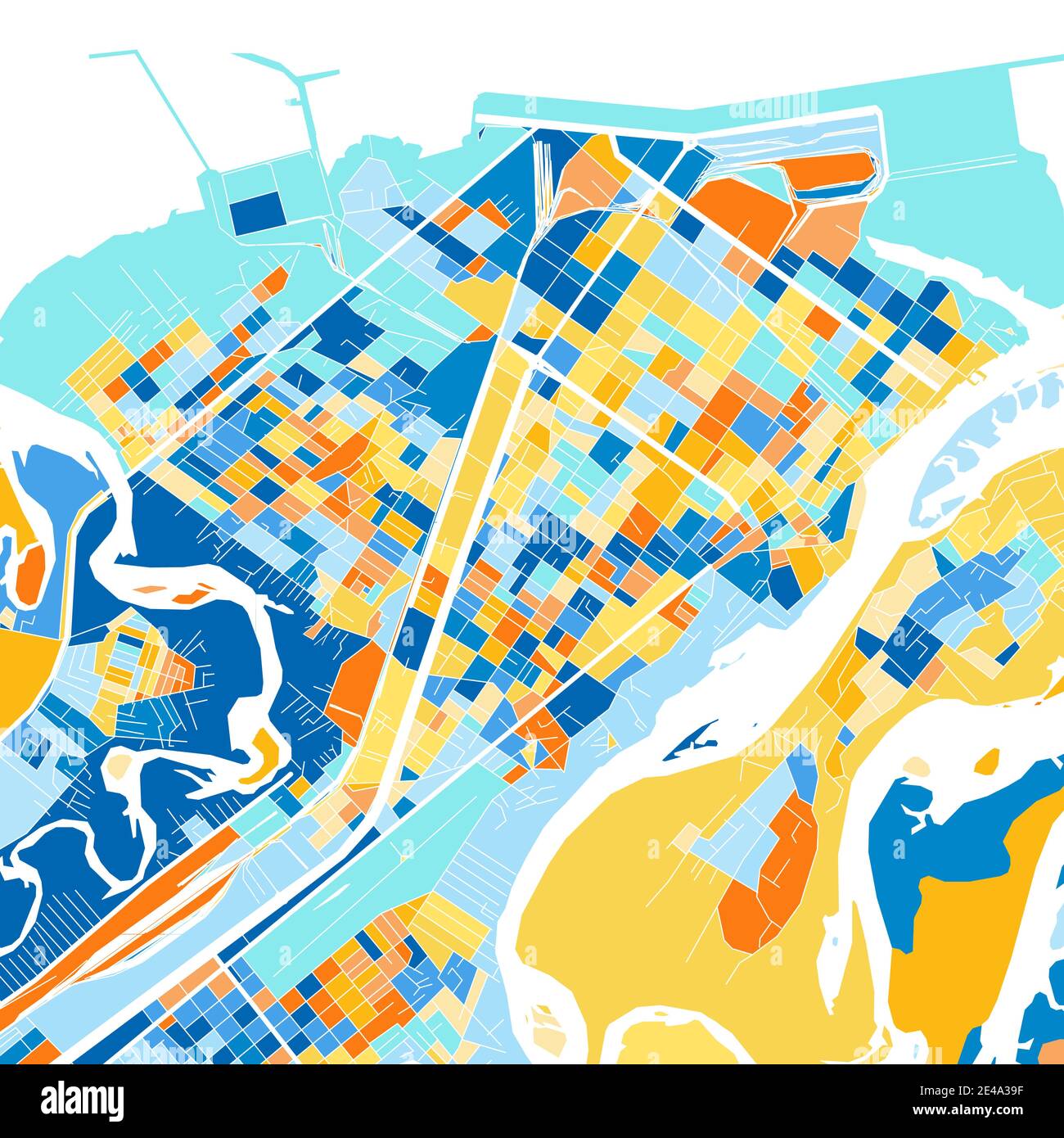 Color art map of Paranagua, Brazil, Brazil in blues and oranges. The ...