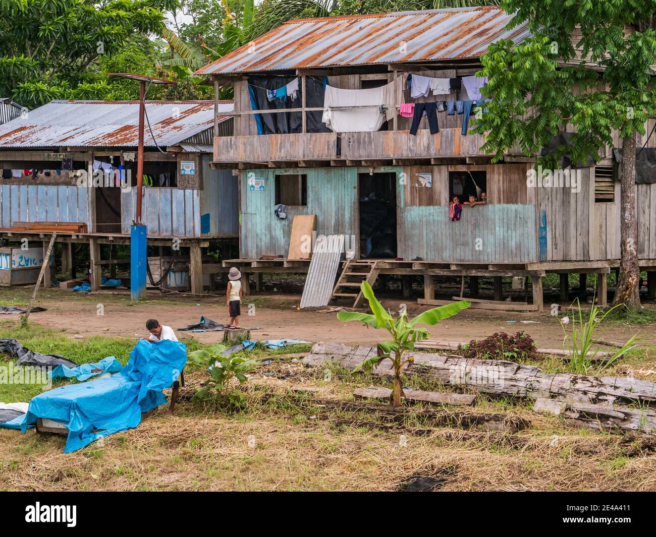 Amazon River Basin, Peru - December, 2018: Wooden house on stilts in a ...