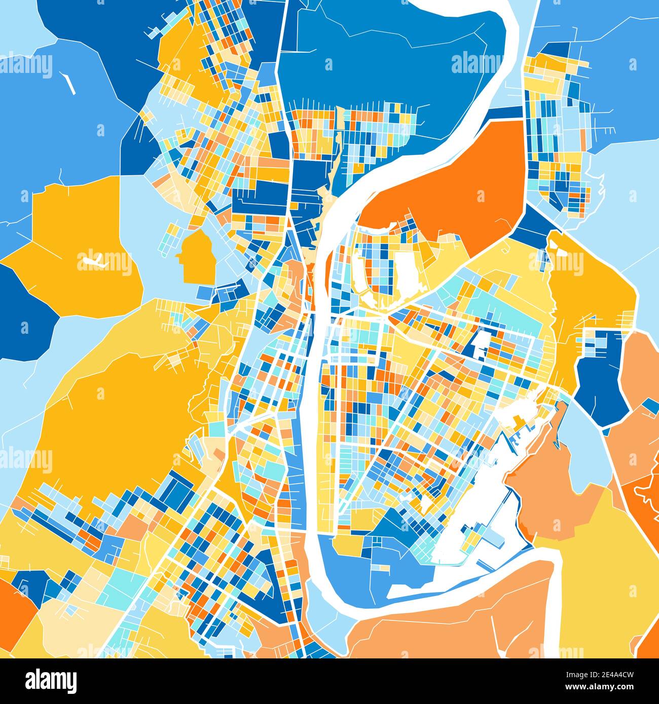 Color art map of Quevedo, Ecuador, Ecuador in blues and oranges. The ...