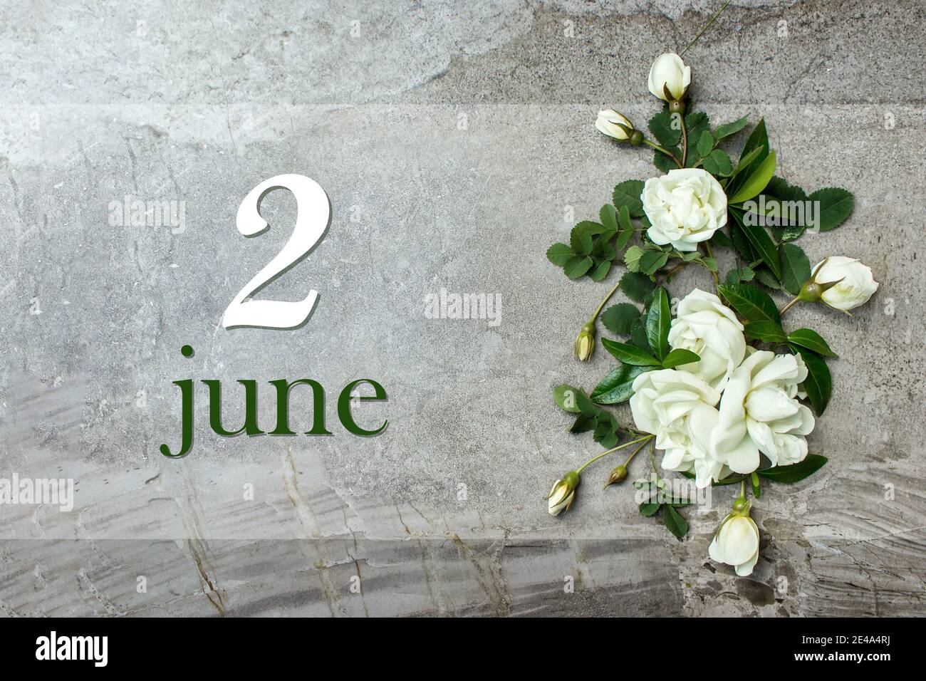 June 2nd. Day 2 of month, Calendar date. Stylish roses flat lay. White ...
