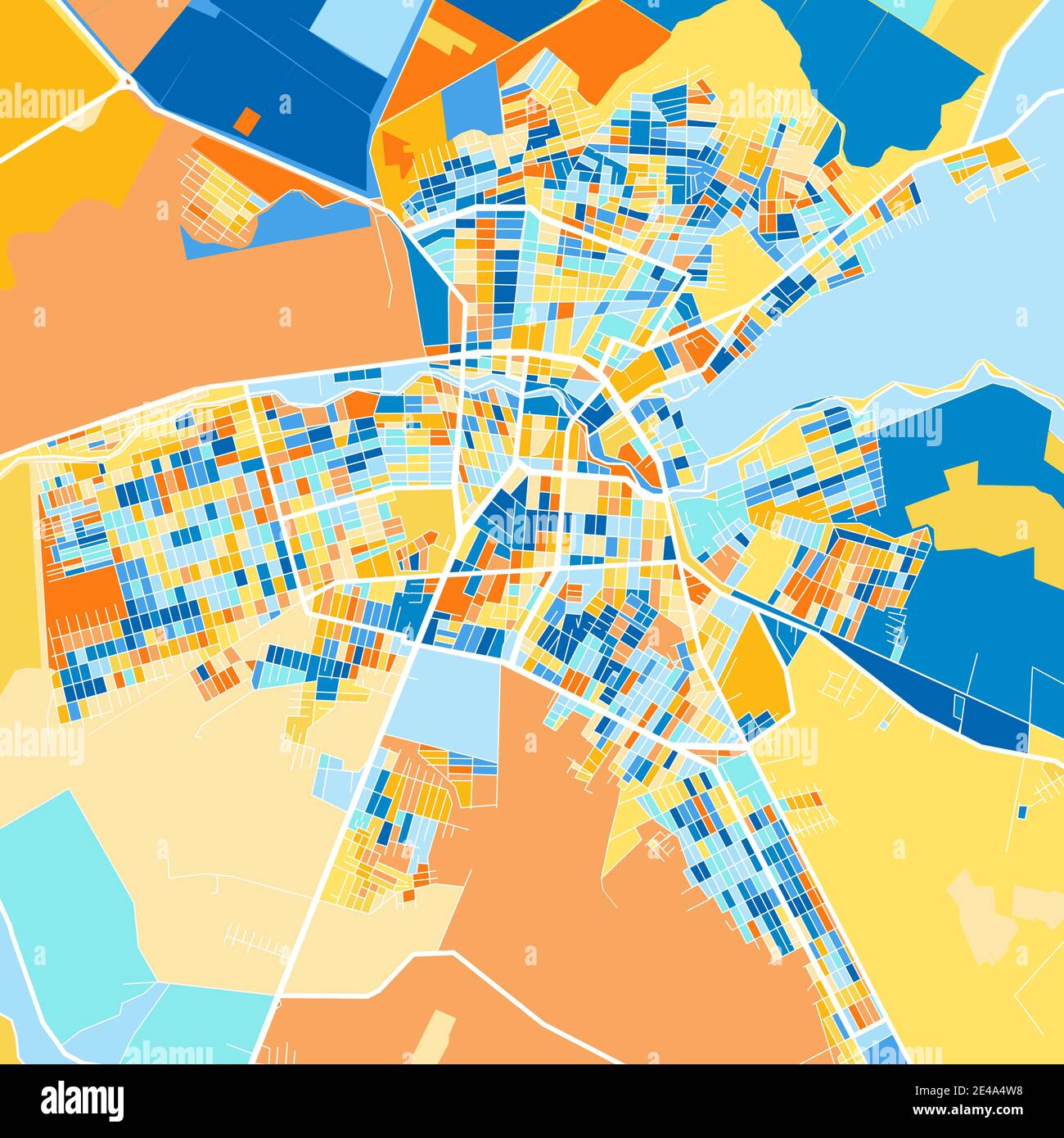 Color art map of Milagro, Ecuador, Ecuador in blues and oranges. The ...