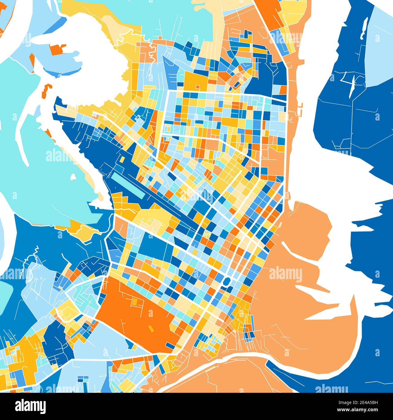 Color art map of Iquitos, Peru, Peru in blues and oranges. The color ...