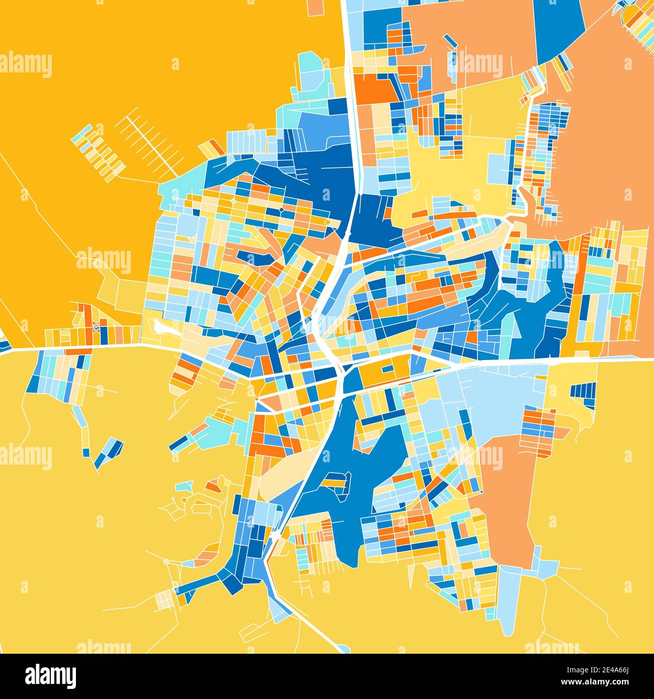 Color art map of Eunapolis, Brazil, Brazil in blues and oranges. The ...