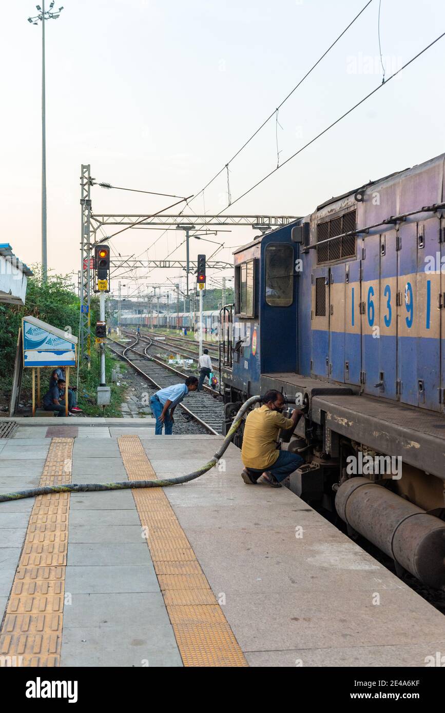 Fuel filling Indian locomotive class WDM-3A twins at Panvel Railway ...