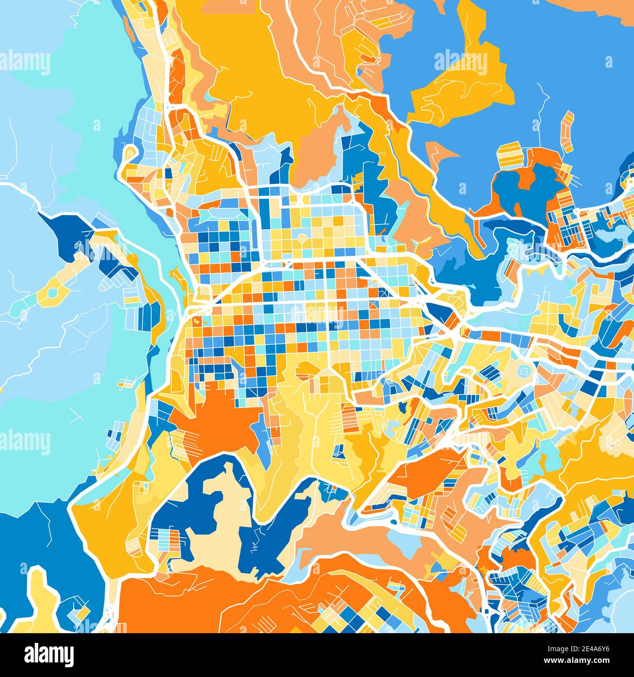 Color art map of Manizales, Colombia, Colombia in blues and oranges ...