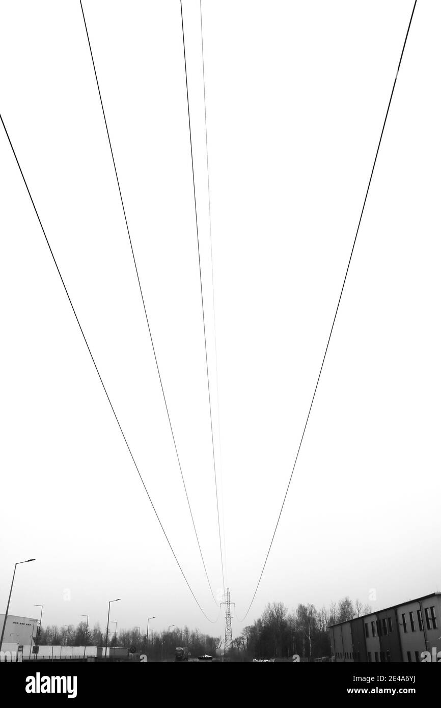 High-voltage power transmission line pylon with power cables Stock ...