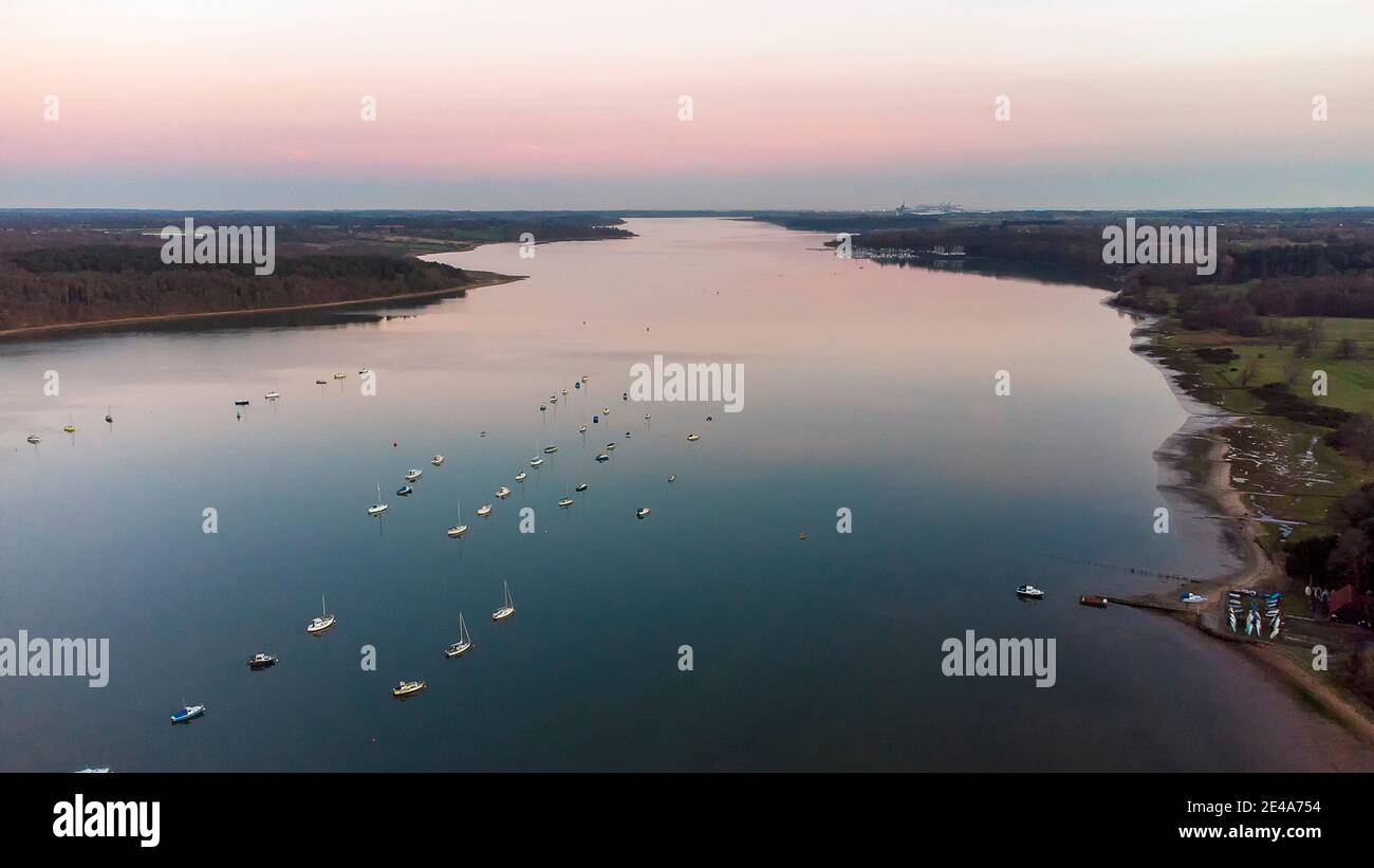 View of the River Orwell from a drone at sunset in Suffolk, UK Stock ...