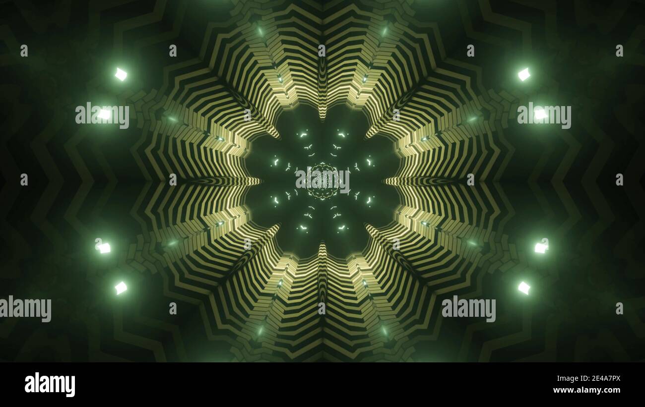 Illustration of geometric shapes of green glowing lights with a ...