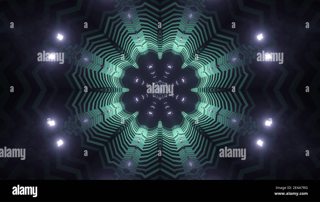 Illustration of geometric shapes of green glowing lights with a ...