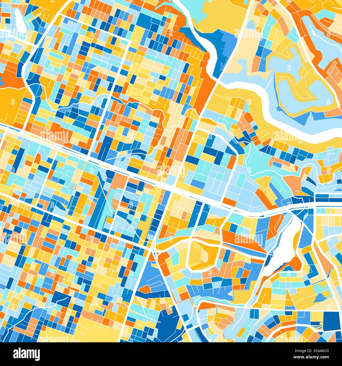 Color art map of CiudaddelEste, Paraguay, Paraguay in blues and oranges ...