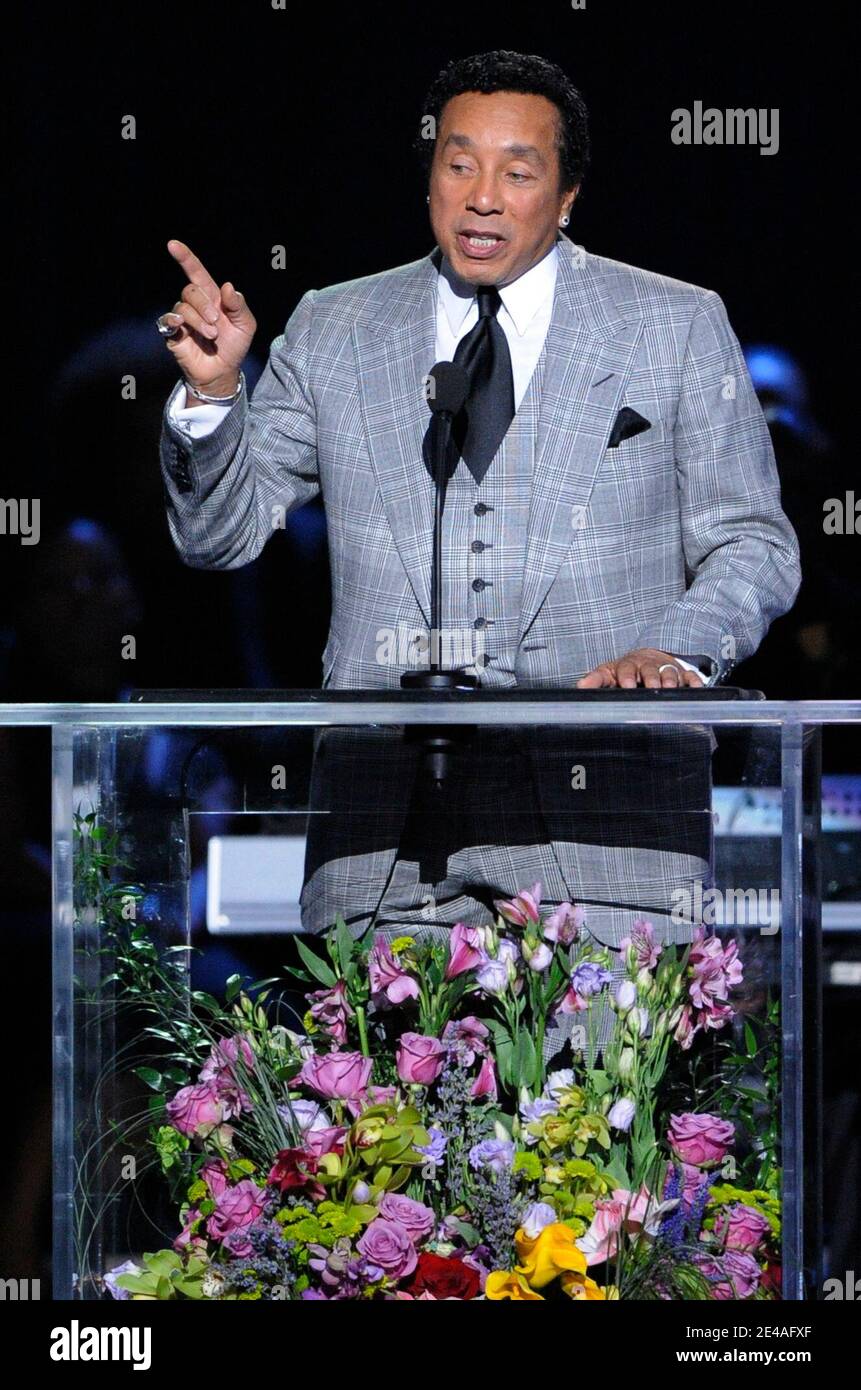Singer Smokey Robinson speaks during the memorial service for Michael ...