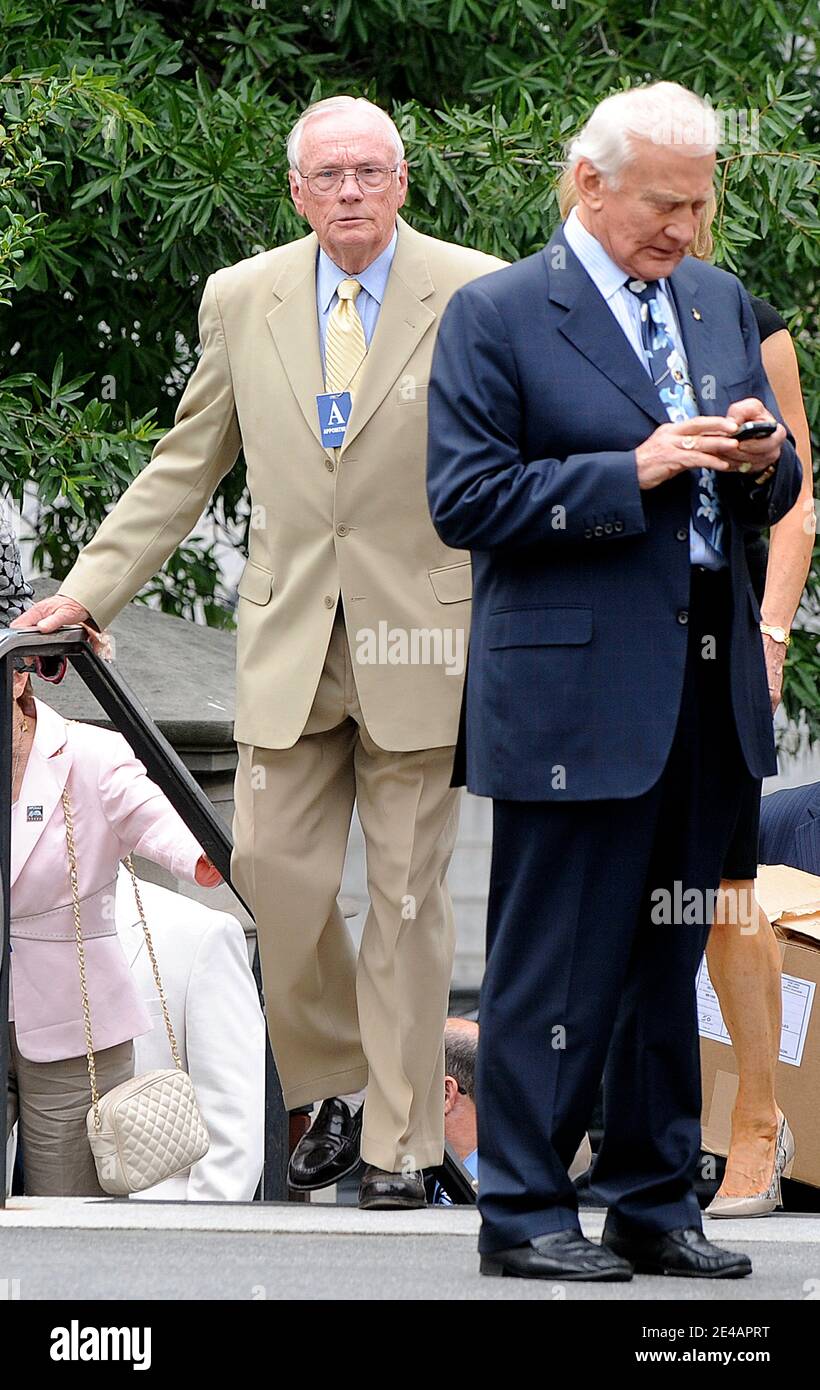 Apollo 11 Astronauts Buzz Aldrin and Neil Armstrong arrive to meet with ...