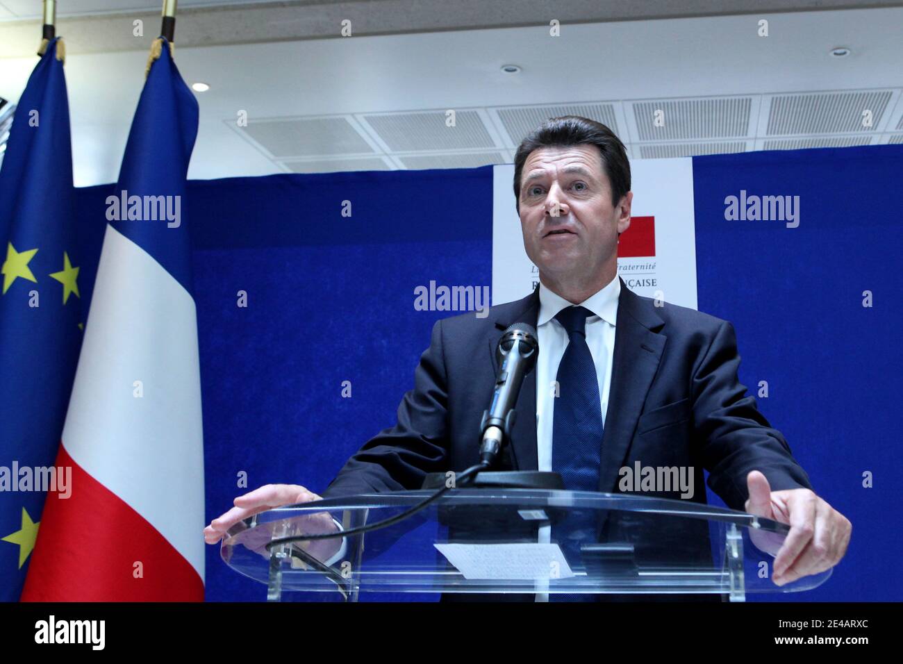French Industry minister Christian Estrosi delivers a press conference ...