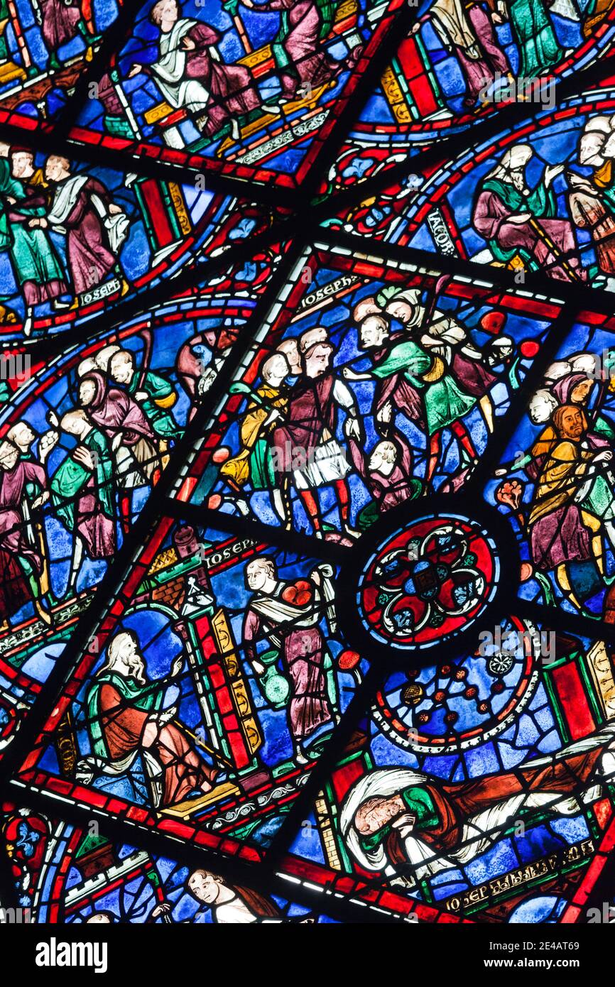 Stained glass window of a cathedral, Chartres Cathedral, Chartres, Eure ...